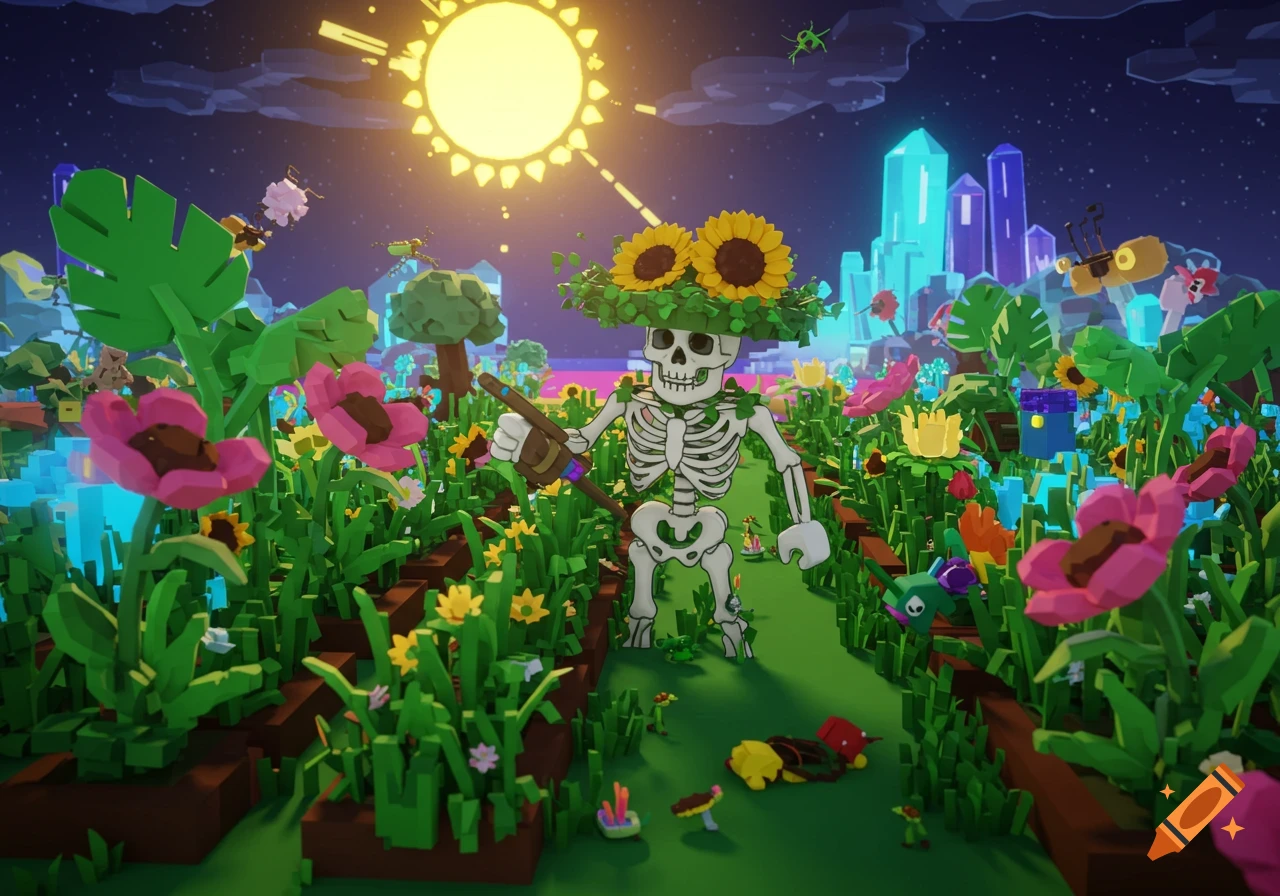 A cheerful skeleton with a sunflower wreath in a vibrant, low-poly ...