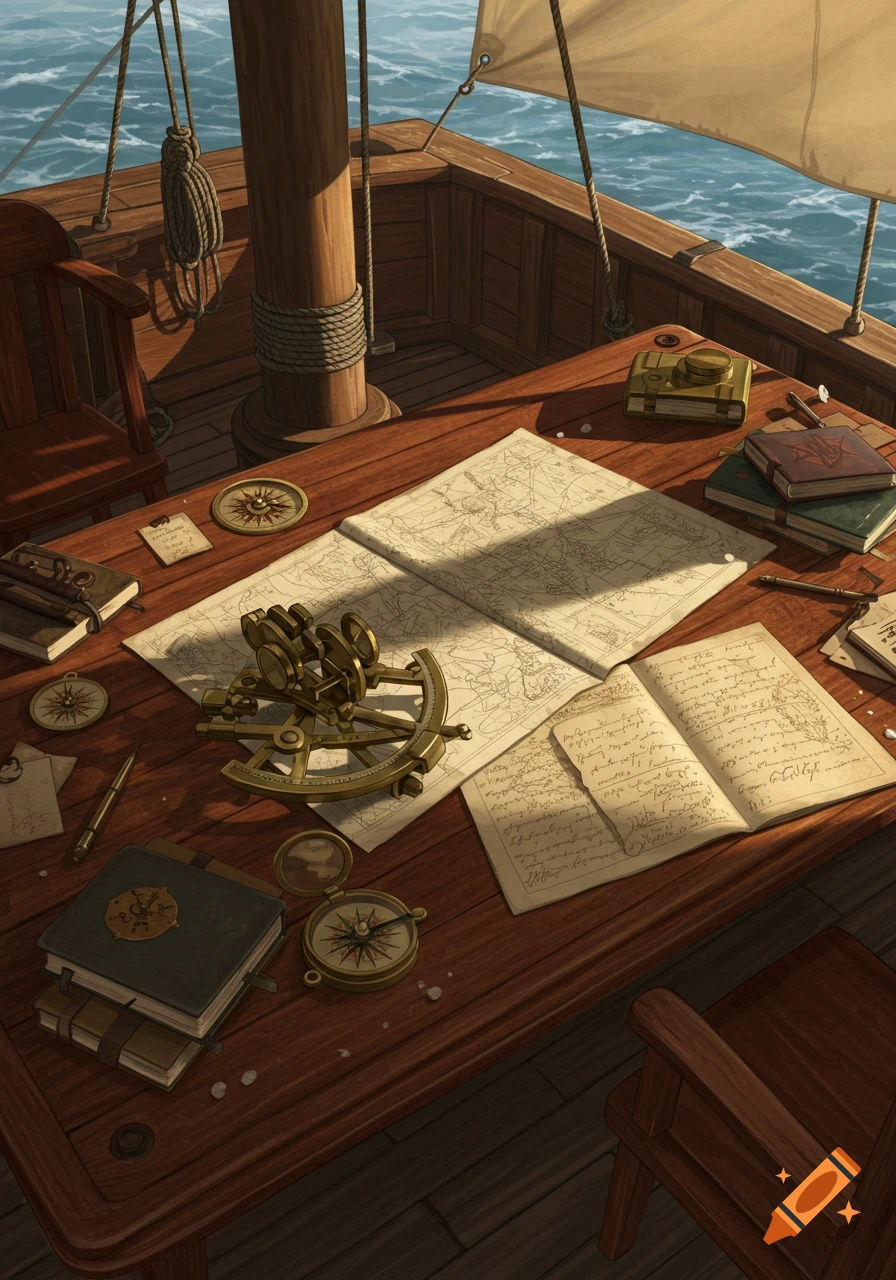 A detailed illustration of a wooden table on a sailing ship, laden with ...