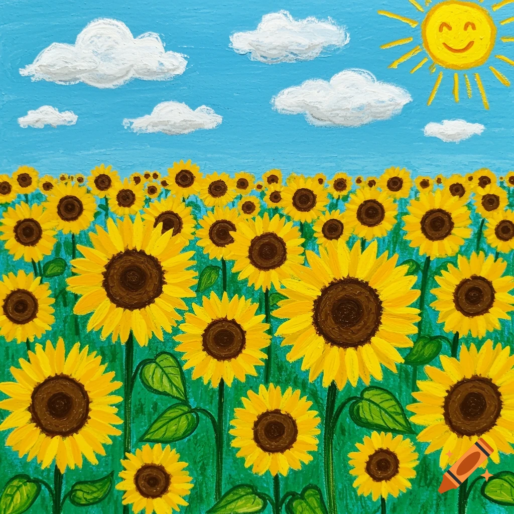 Crayon drawing of a field of bright yellow sunflowers under a blue sky ...
