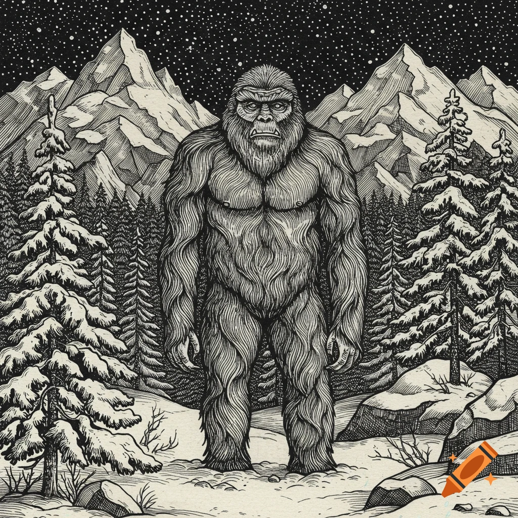 Black and white woodcut illustration of a furry Yeti standing in a ...