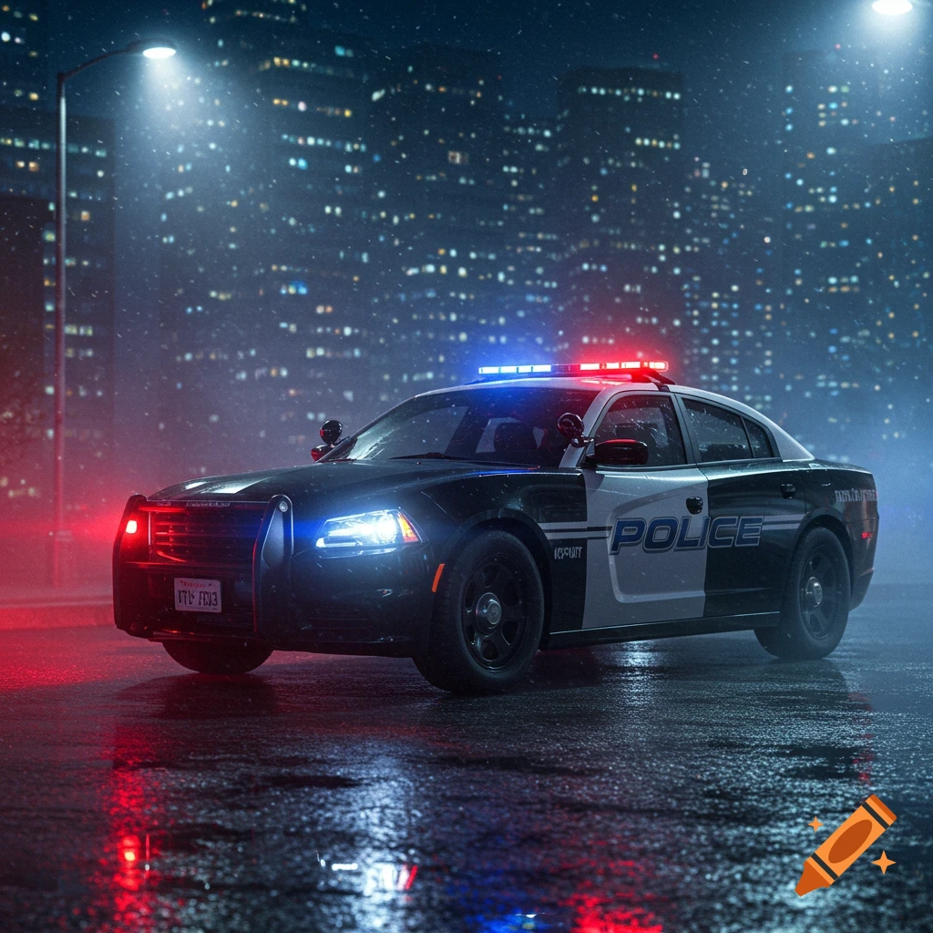 A dark German police car with red and blue lights flashing on a wet ...