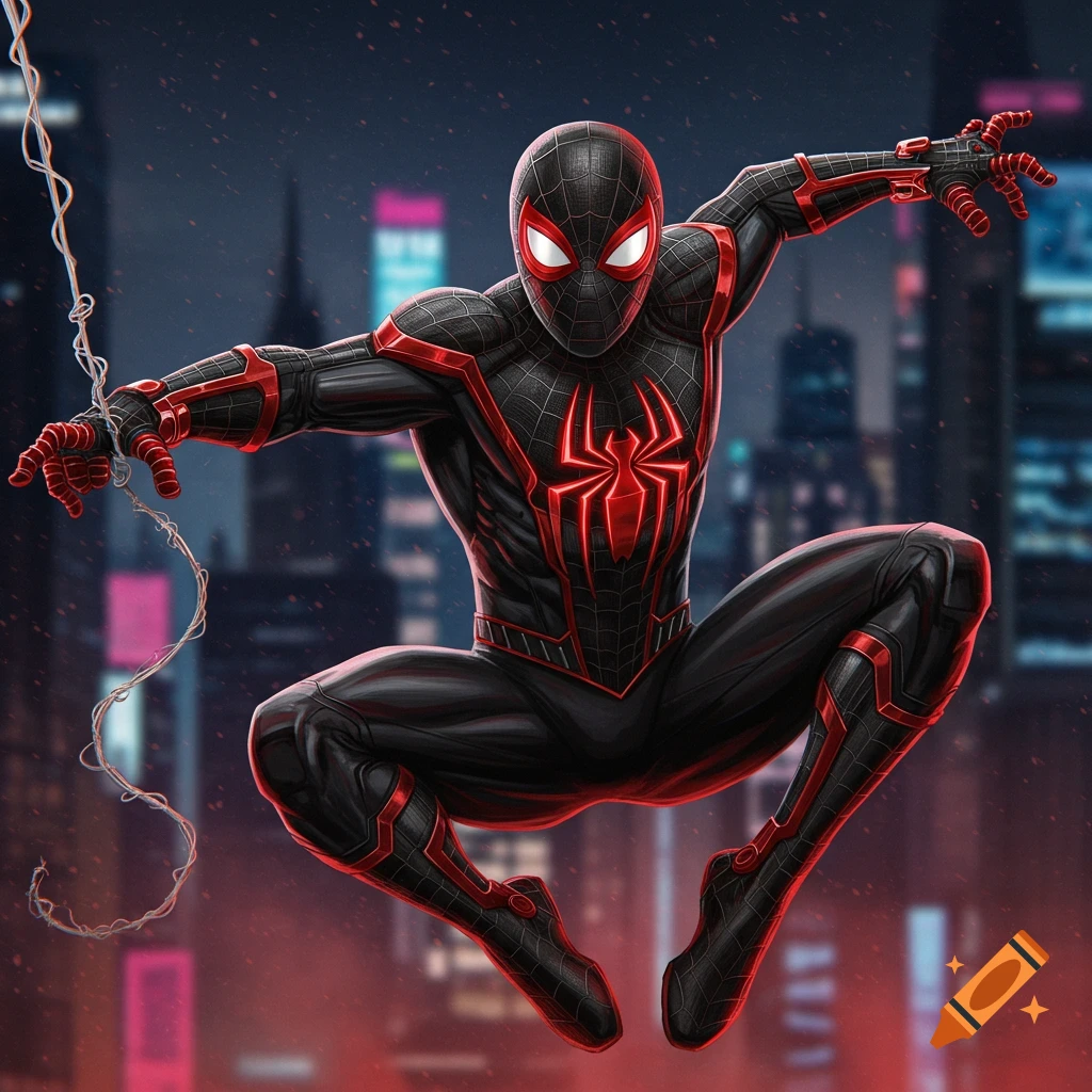 Miles Morales Spider-Man in a black and red suit with a glowing red ...