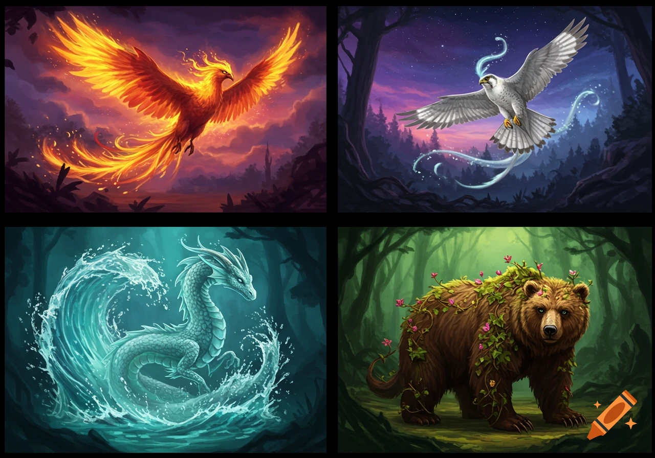 Vibrant cartoon fantasy art of a large fiery phoenix looming over ...