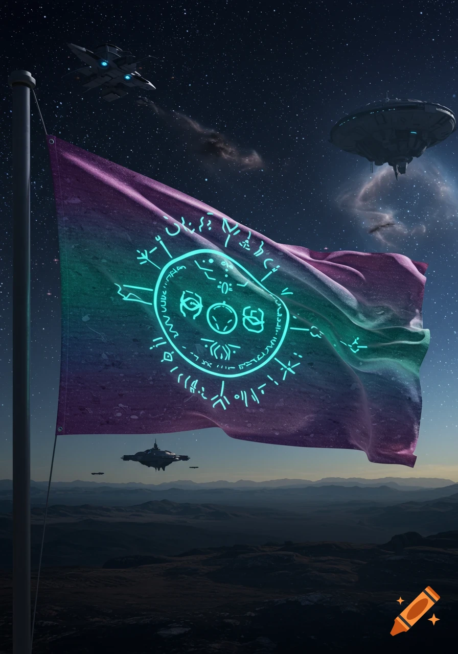 A vibrant purple and teal flag with glowing alien symbols on a flagpole ...