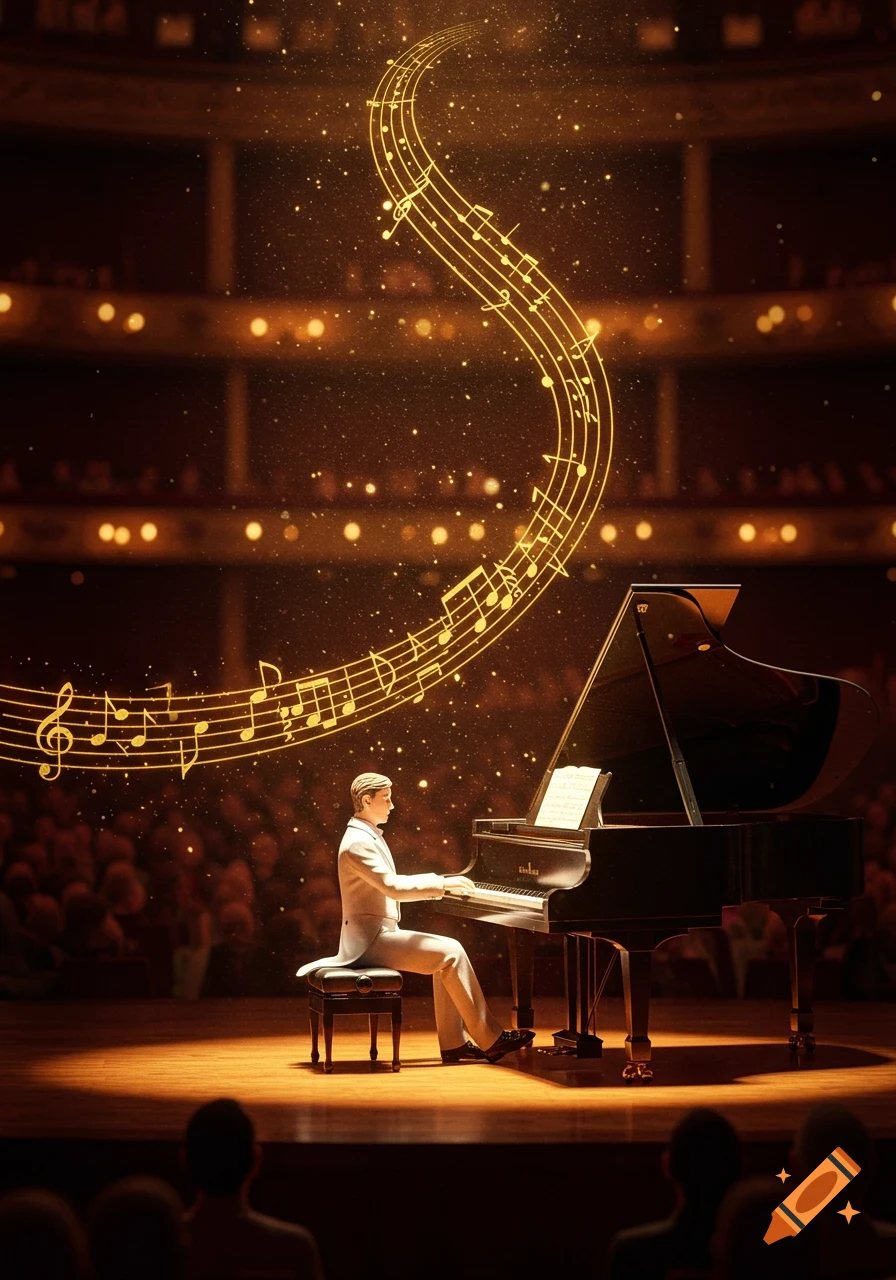 A basketball floats above a grand piano on a spotlight-lit stage with ...
