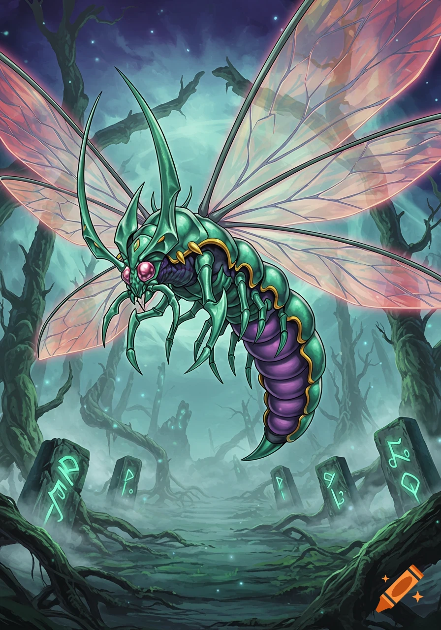 A large, green and purple insectoid creature with translucent wings ...