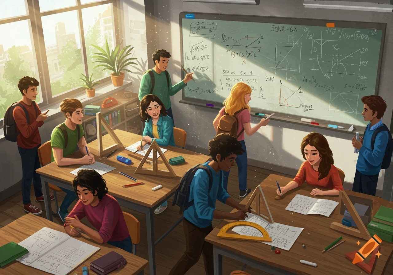 A colorful illustration of math tools and concepts, including a compass ...