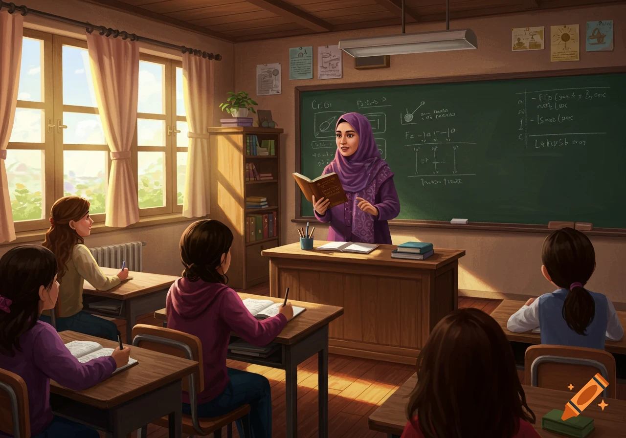 A female teacher wearing a purple hijab stands in front of a blackboard ...