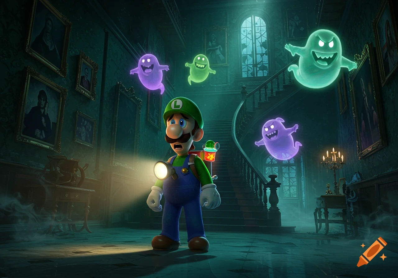 3D style glowing white ghost Mario with blue eyes and a scared ...