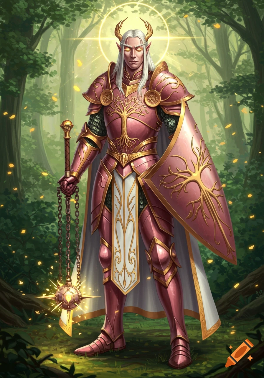 A regal male high elf cleric in rose-pink and gold armor with a tree ...
