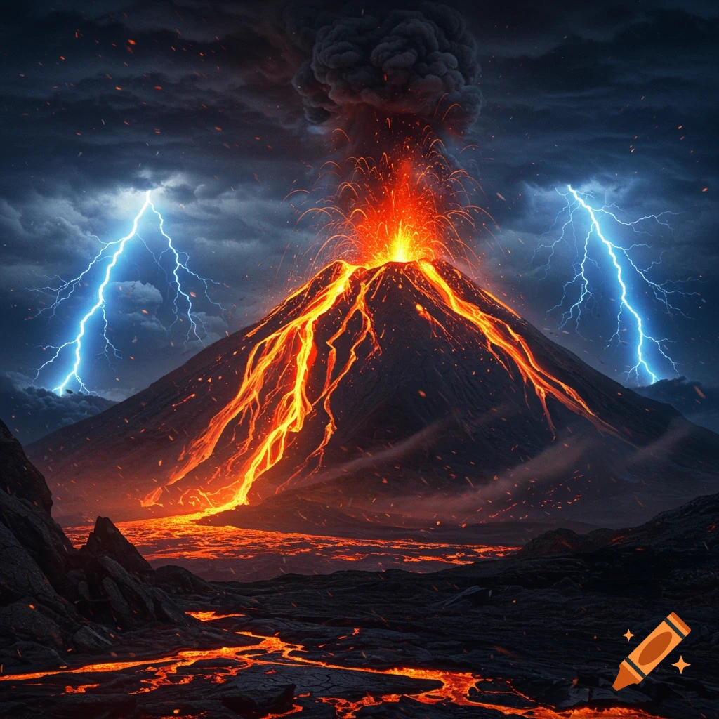A dramatic volcanic eruption with fiery lava flows, thick smoke, and ...