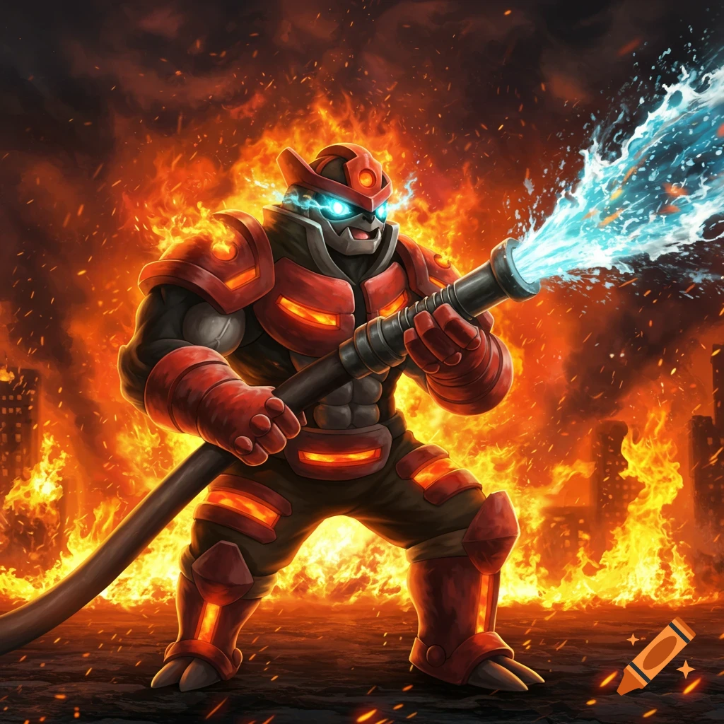 A powerful, armored firefighter creature with glowing blue eyes sprays ...