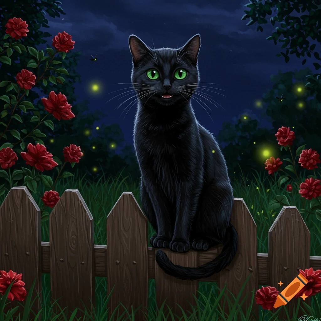 A smiling black cat with green eyes sits on a wooden fence at night ...