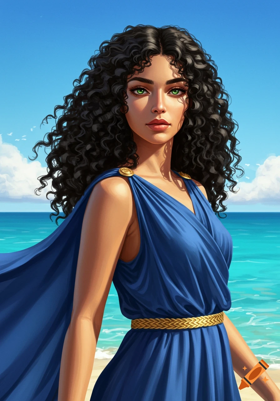 Illustrated portrait of a beautiful ancient Greek woman with curly ...