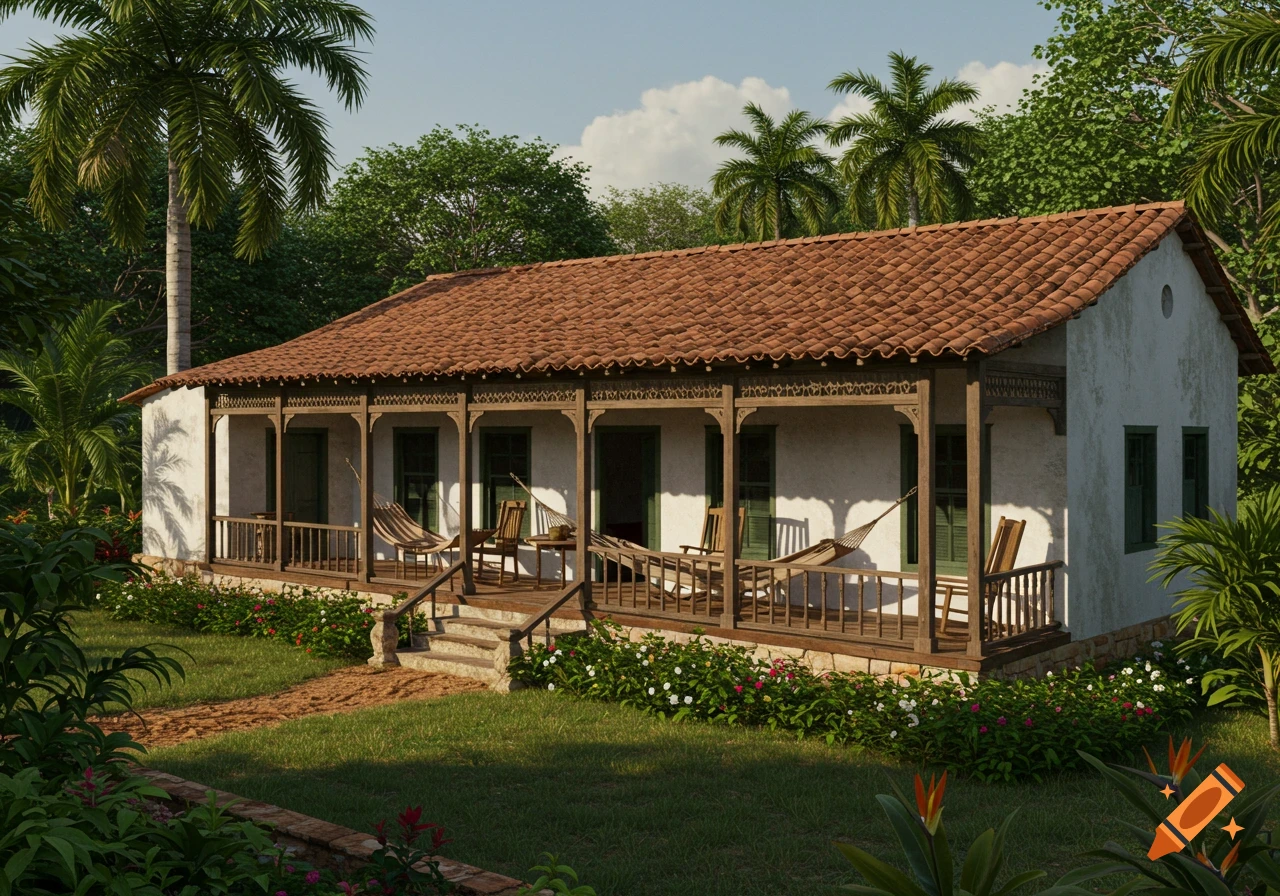 Photorealistic 18th-century Brazilian colonial house with a red tile ...