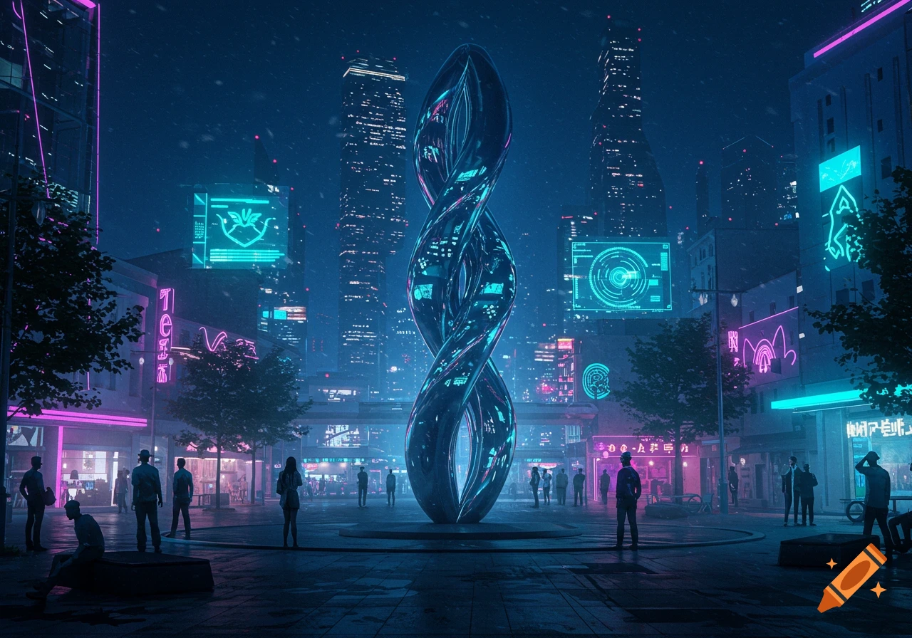 Futuristic city plaza with people in neon cyber-attire, towering ...