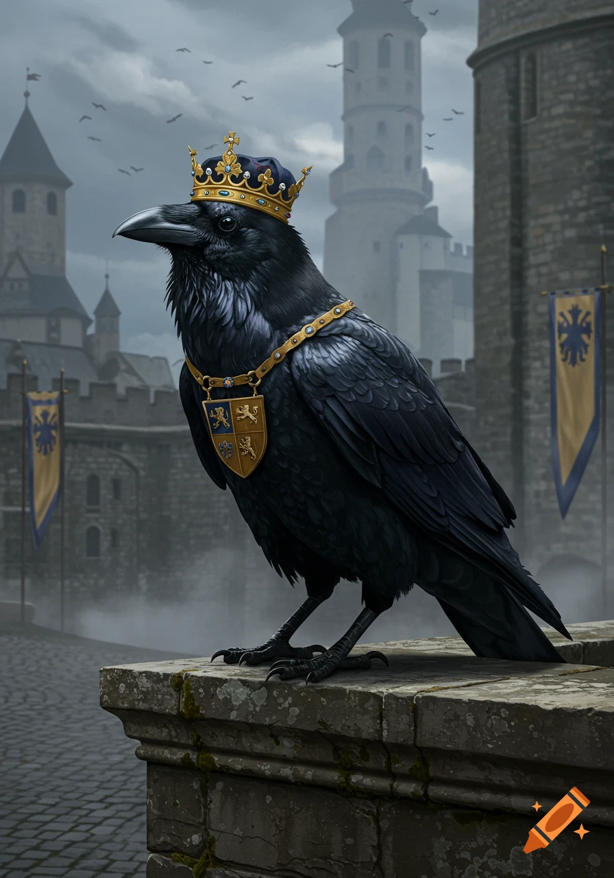 A black raven holding a red solo cup and a sword on an ornate blue and ...