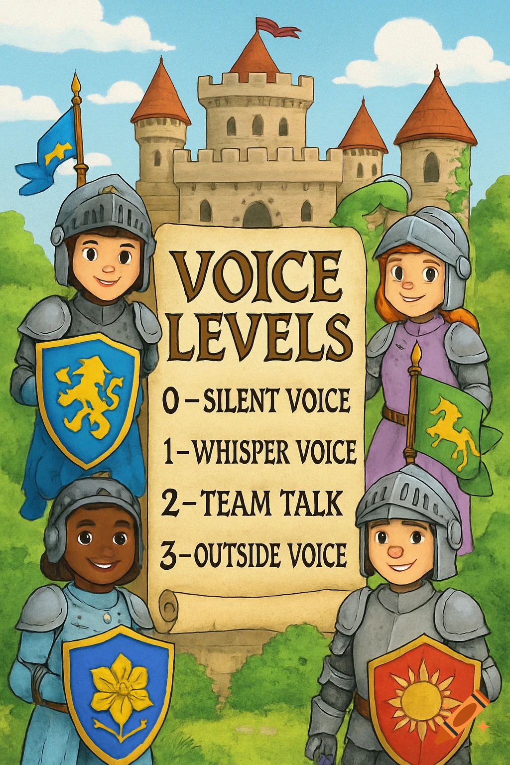 Cartoon children knights and castle with 'Voice Levels' poster in a vibrant, detailed style. on ...