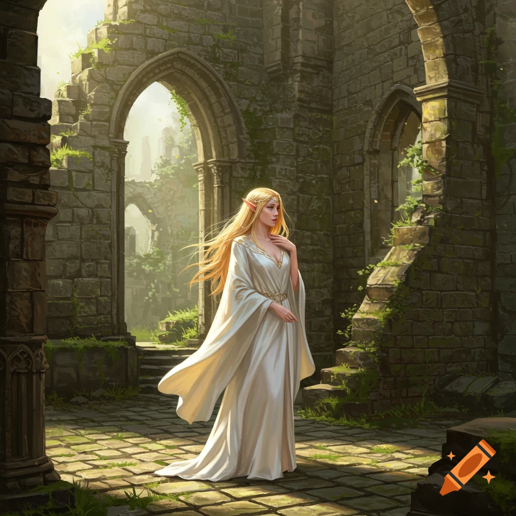 A serene elven girl in flowing white robes and long blonde hair stands ...