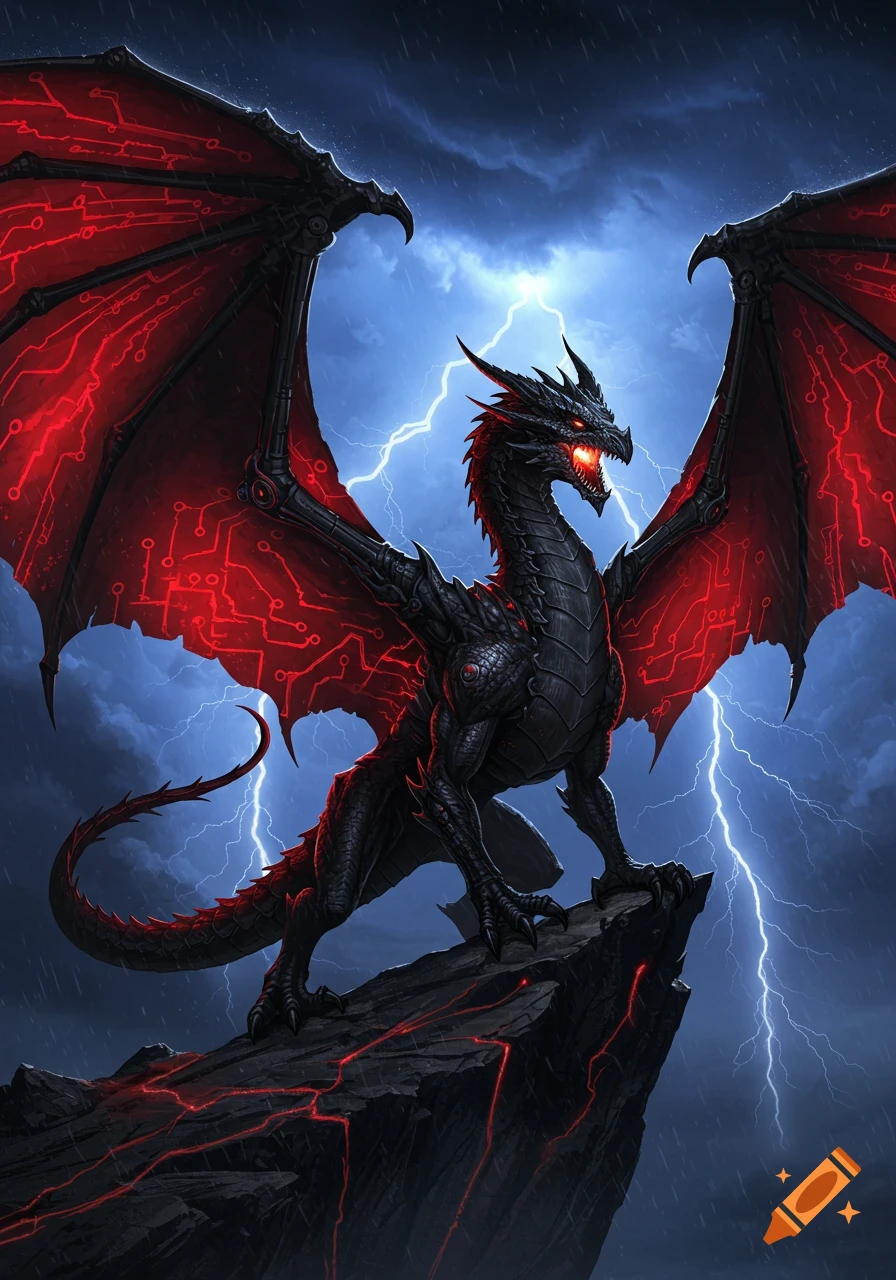 A powerful black dragon with glowing red cybernetic wings and eyes ...