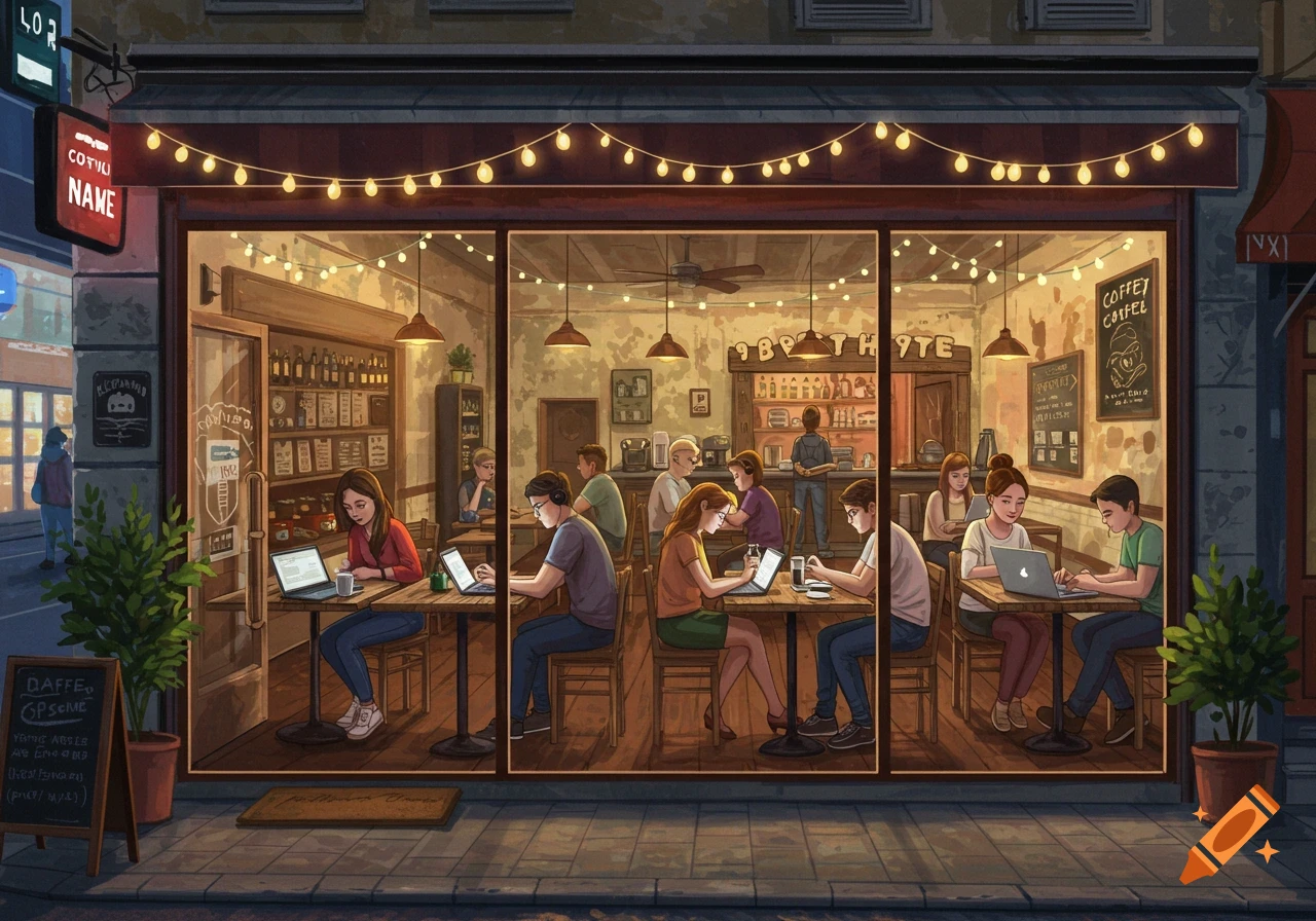 An illustrative scene of a cozy coffee shop at dusk, viewed from ...