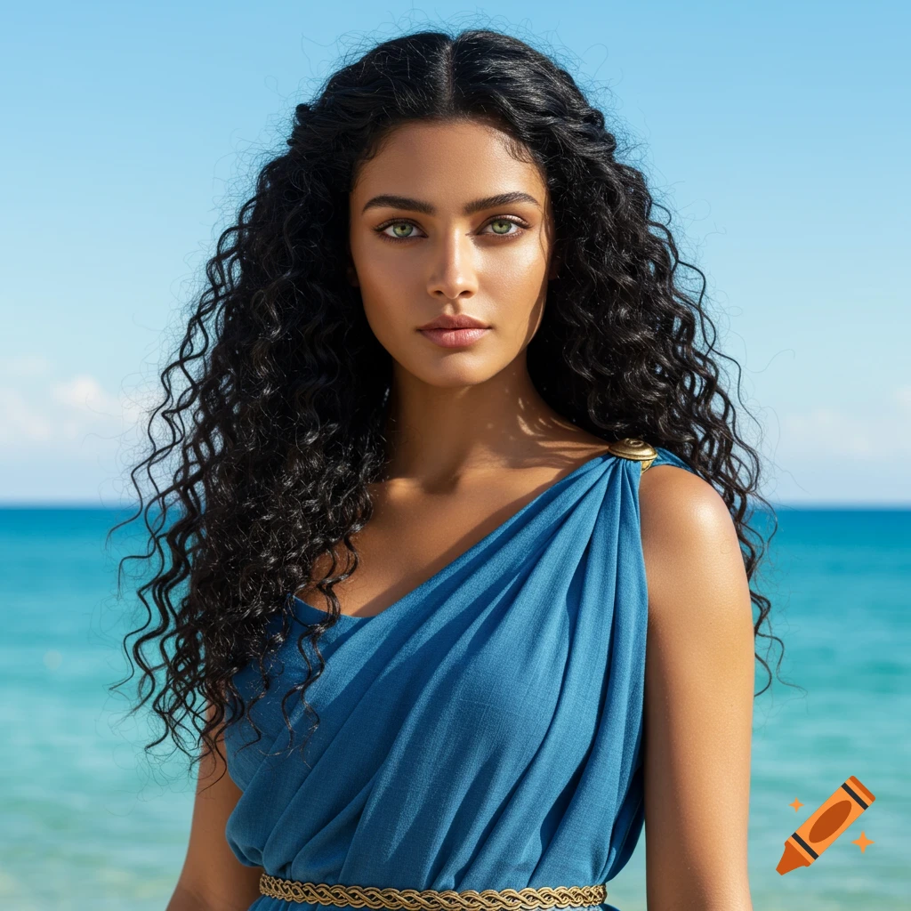 Photorealistic portrait of an ancient Greek woman with long black curly ...