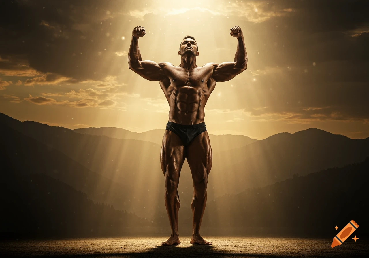 Muscular male bodybuilder in posing trunks flexing with arms raised ...