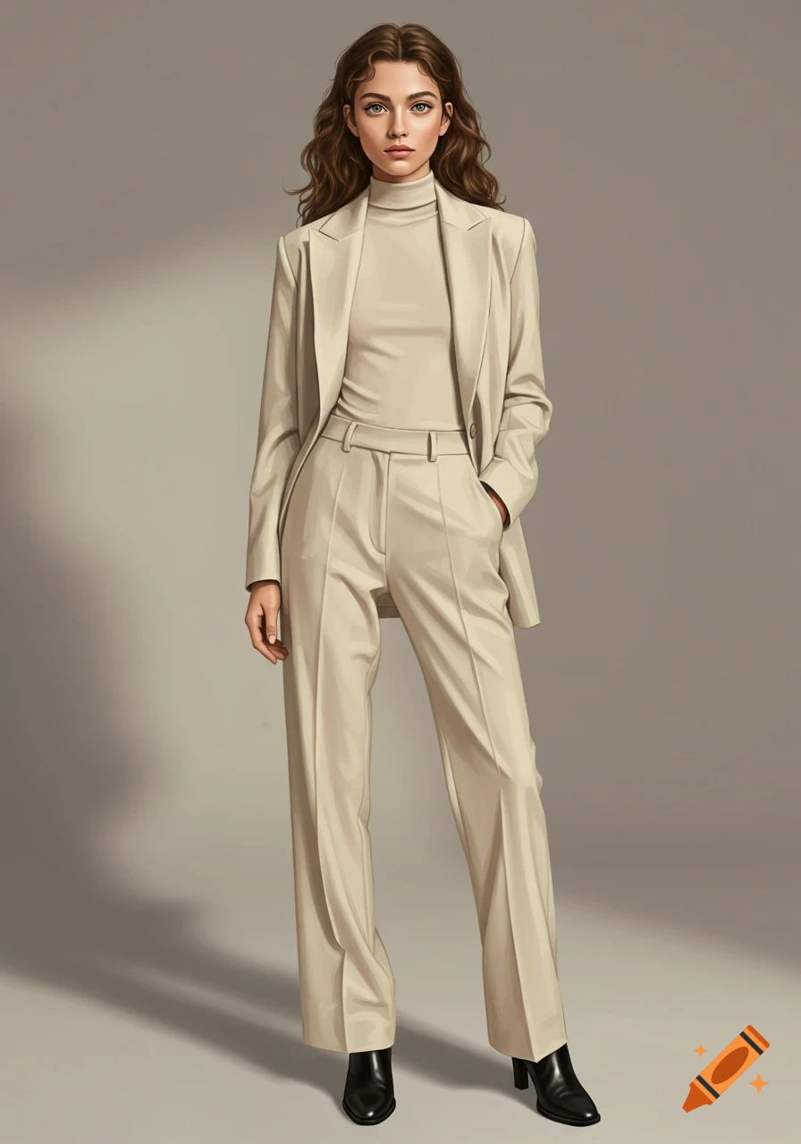 Stylized portrait of a young woman with wavy brown hair wearing a cream ...