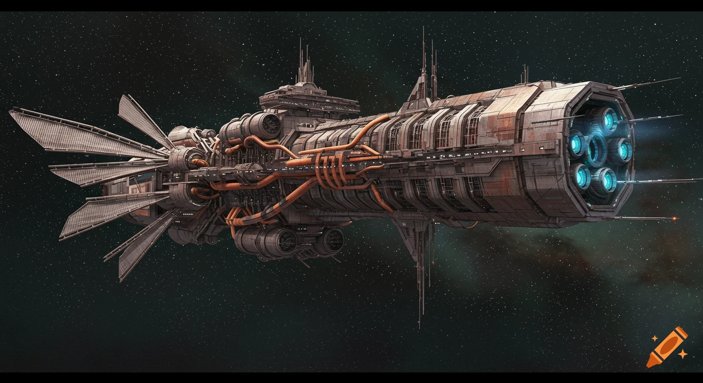 Large, detailed spaceship with city structures and screens, with ...