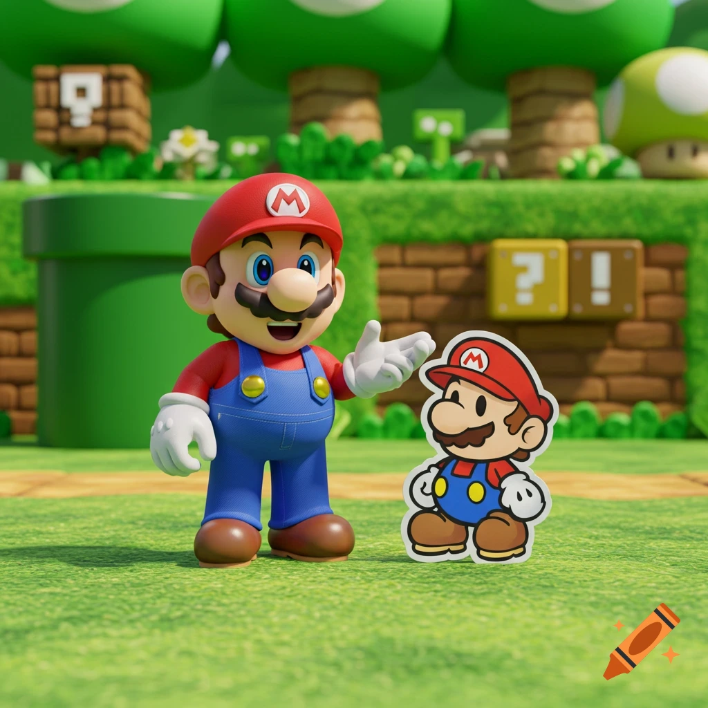 A 3D rendered Mario figure gestures towards a 2D Paper Mario cutout in ...