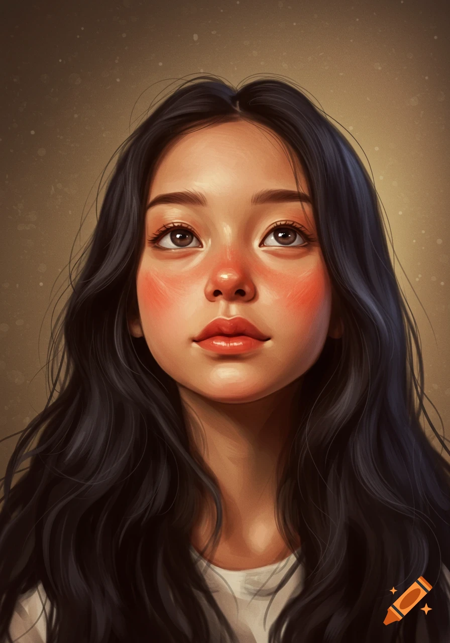 A semi-realistic digital painting of a young woman with long dark hair ...