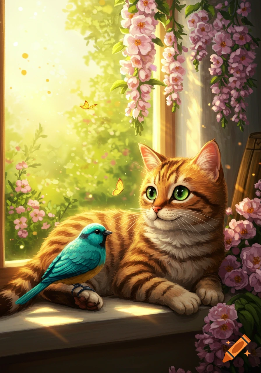 An illustrative drawing of a European robin perched on a cherry blossom ...