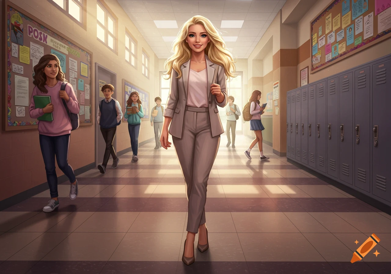 A smiling blonde woman with vampire fangs, wearing a blue suit, in a ...