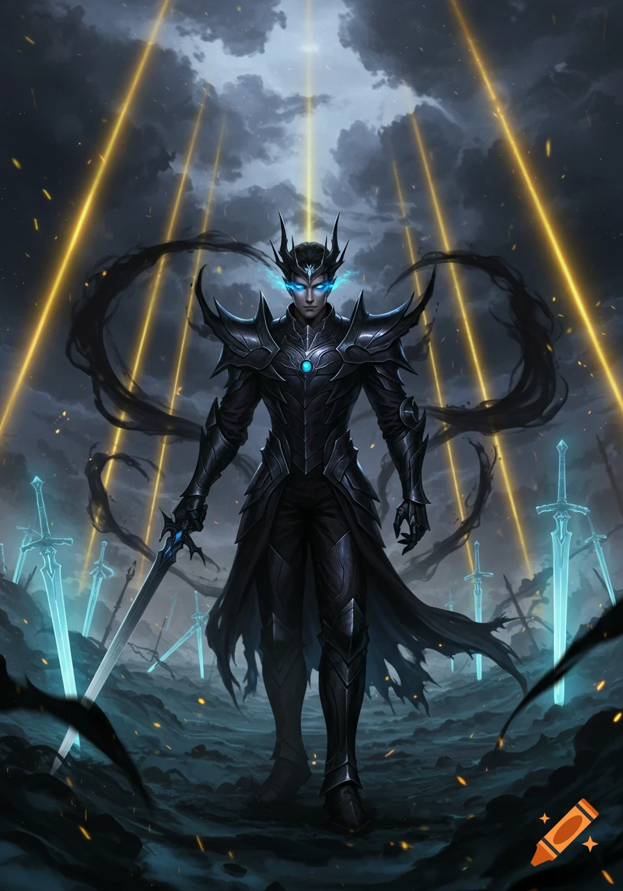 A dark fantasy warrior in black armor with glowing blue eyes, holding a ...