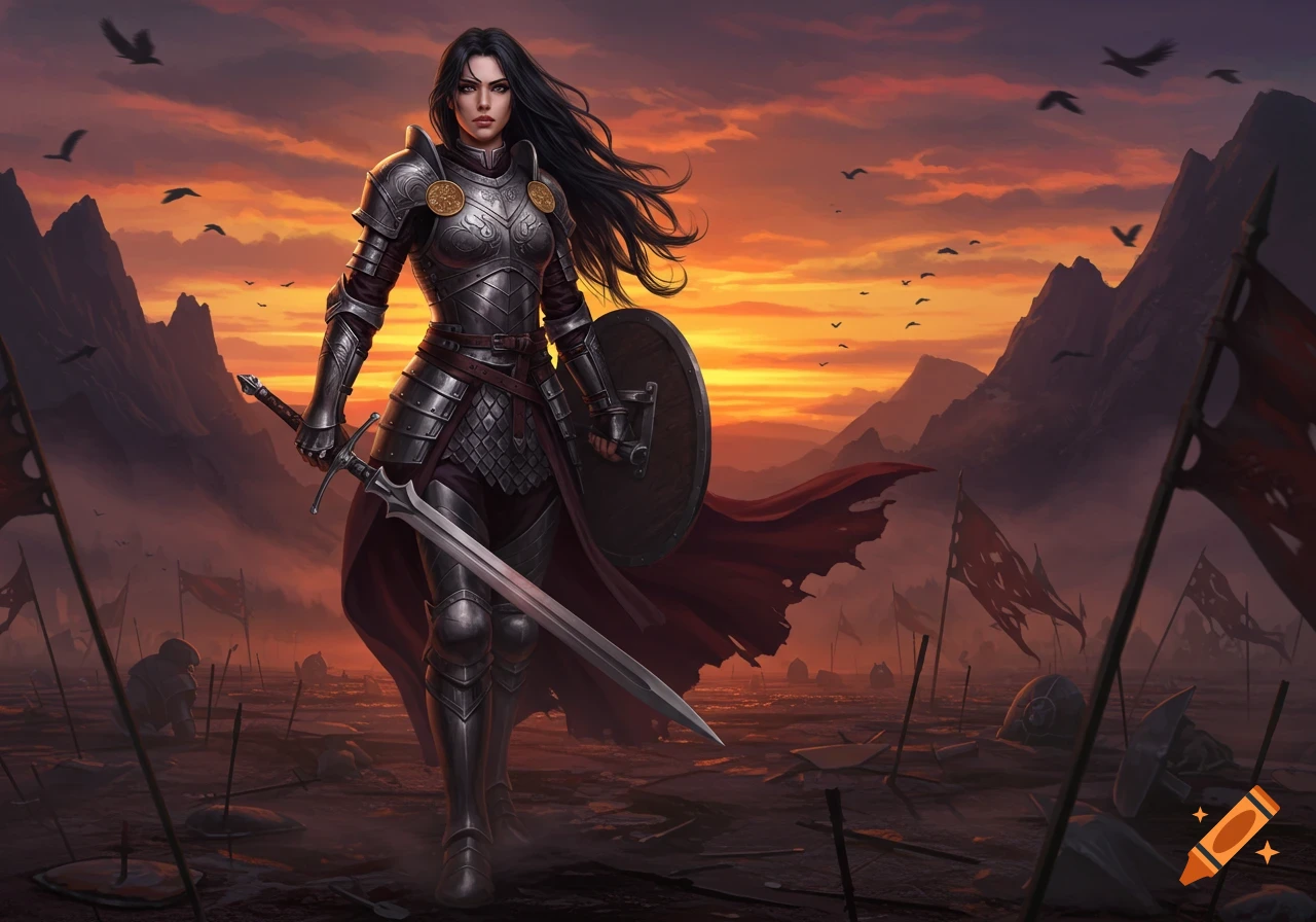 A stoic female warrior in ornate silver armor, holding a sword and ...