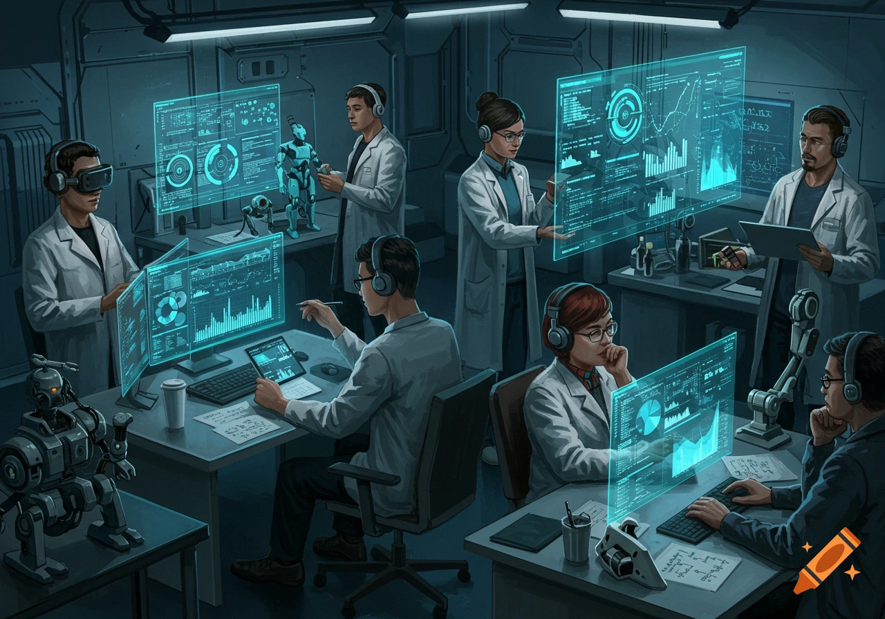 Scientists in lab coats and headphones work in a futuristic, dark ...