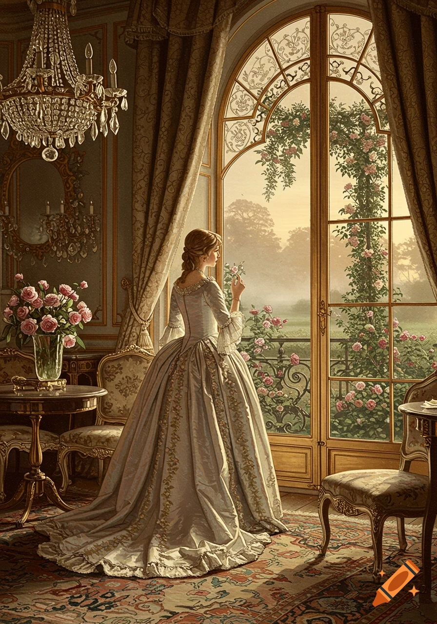 Elegant woman in historical gown looks out grand window at misty rose ...