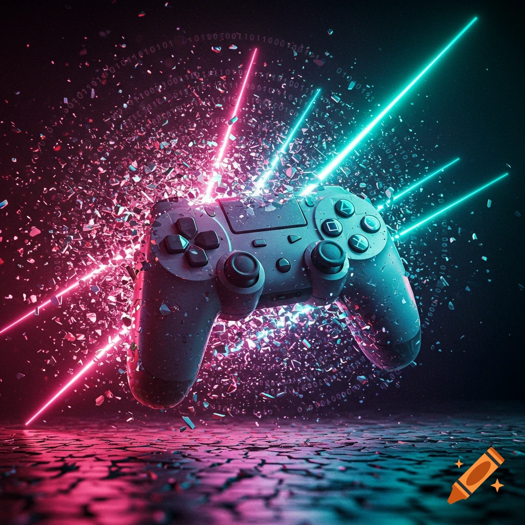 An orange neon sign shaped like a video game controller glows against a ...