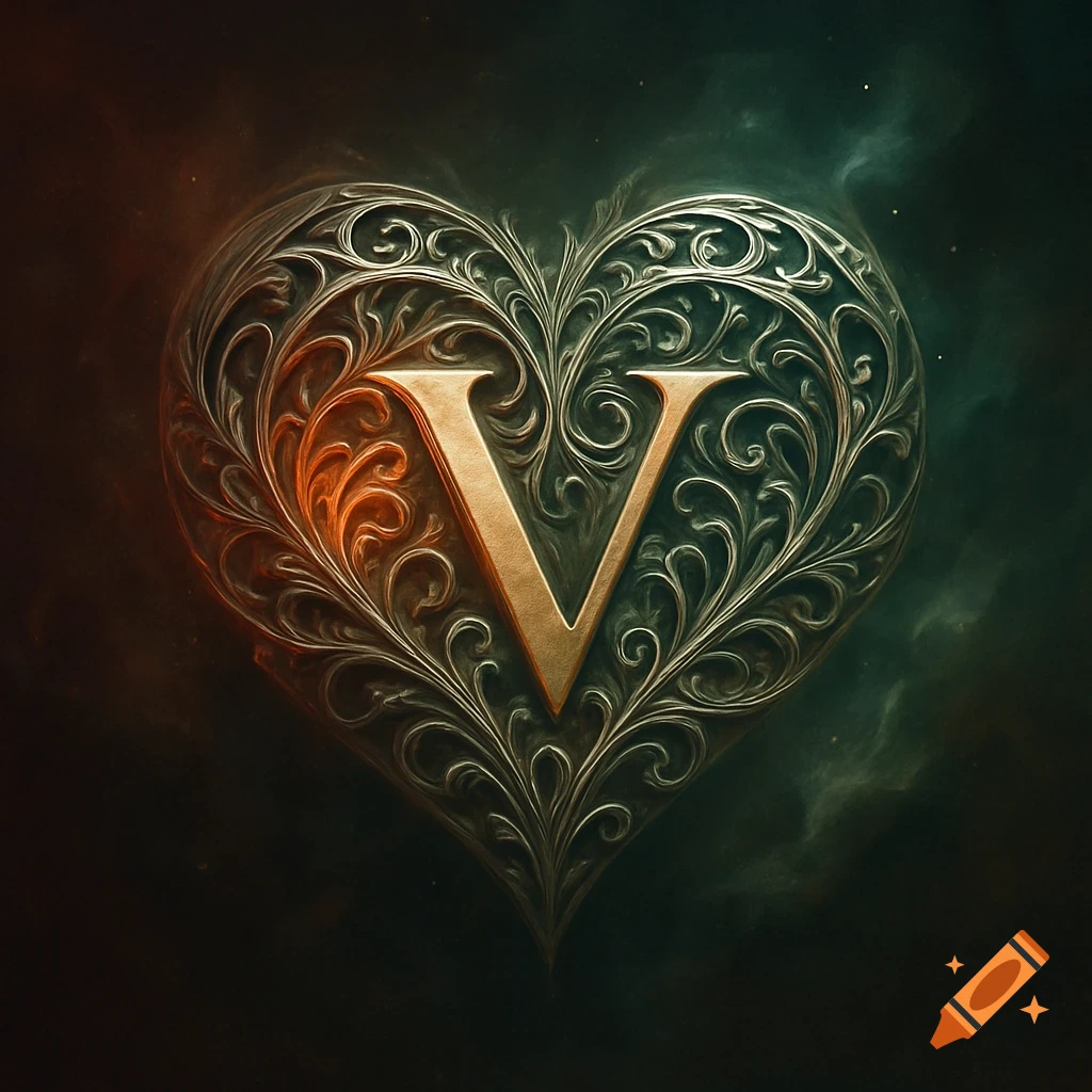 An ornate, metallic filigreed heart with a golden 'V' at its center ...
