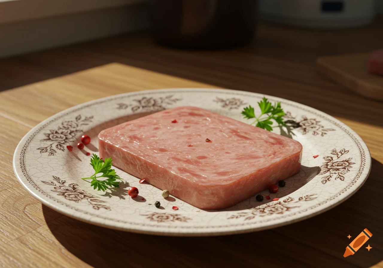 A rectangular slice of SPAM on a white plate with a brown floral ...