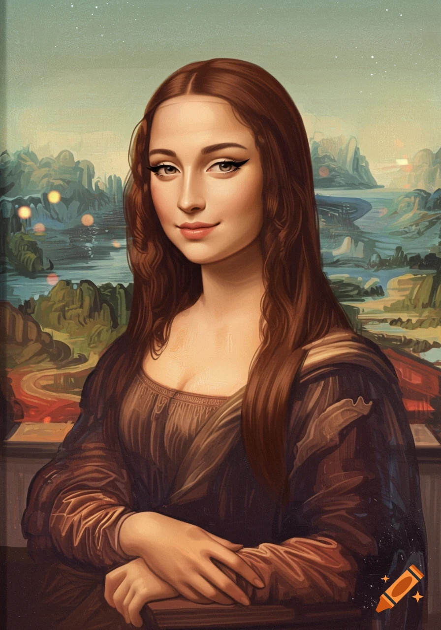 A modern rendition of the Mona Lisa, featuring a woman with long brown ...