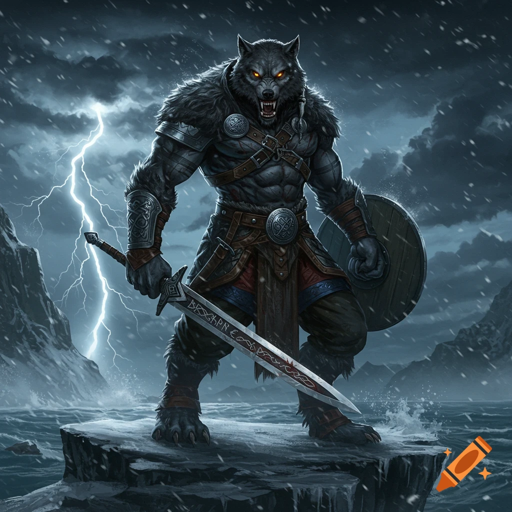 A grey werewolf warrior in Viking armor on a snowy cliff holds a sword ...
