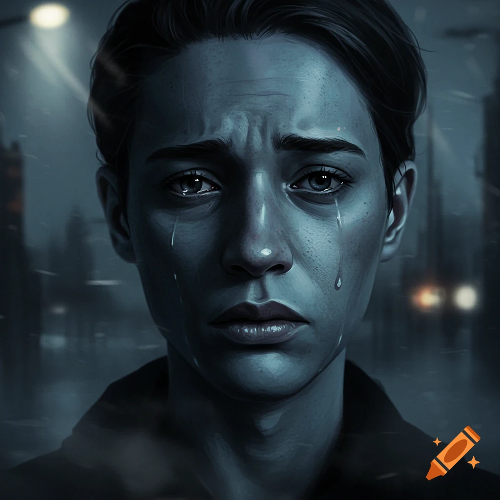 Digital art portrait of a crying person with a sad expression in a dark ...