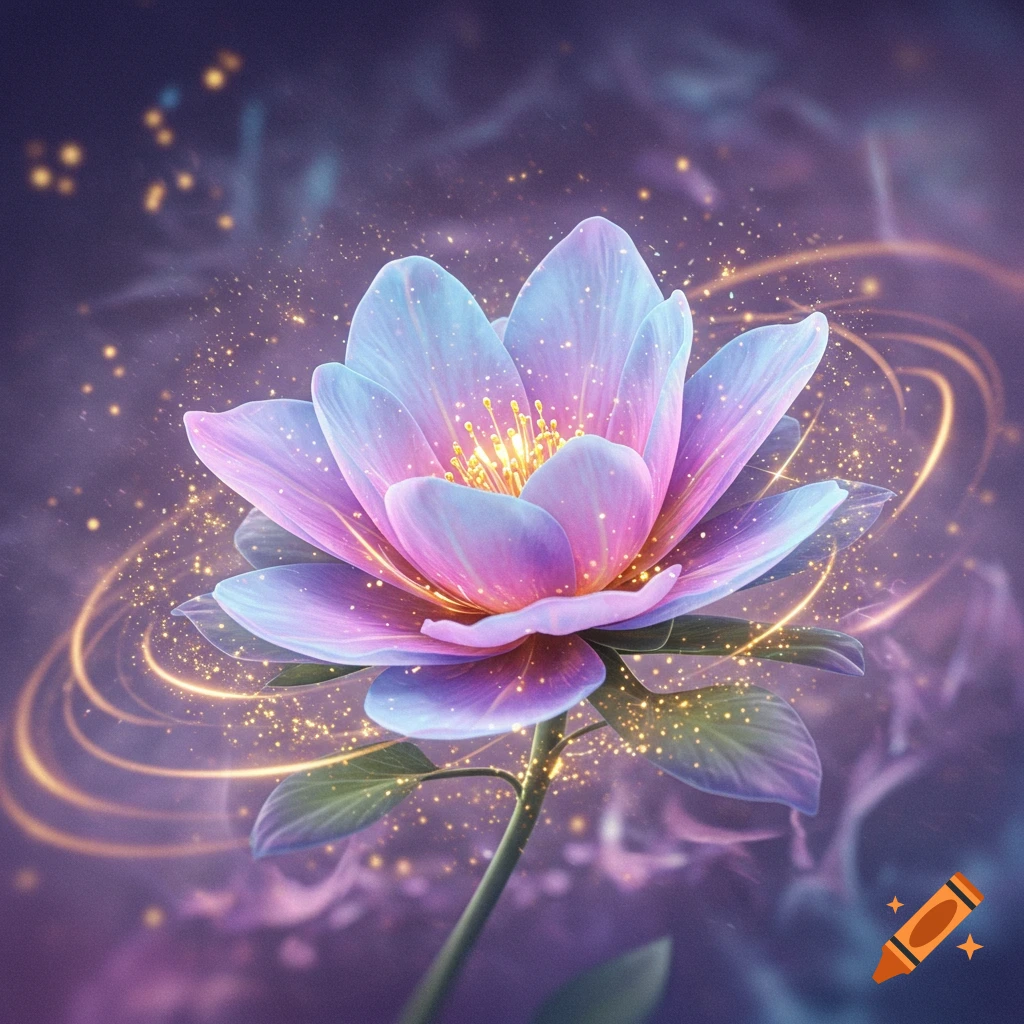 Glowing purple and yellow abstract lotus flower against a dark ...