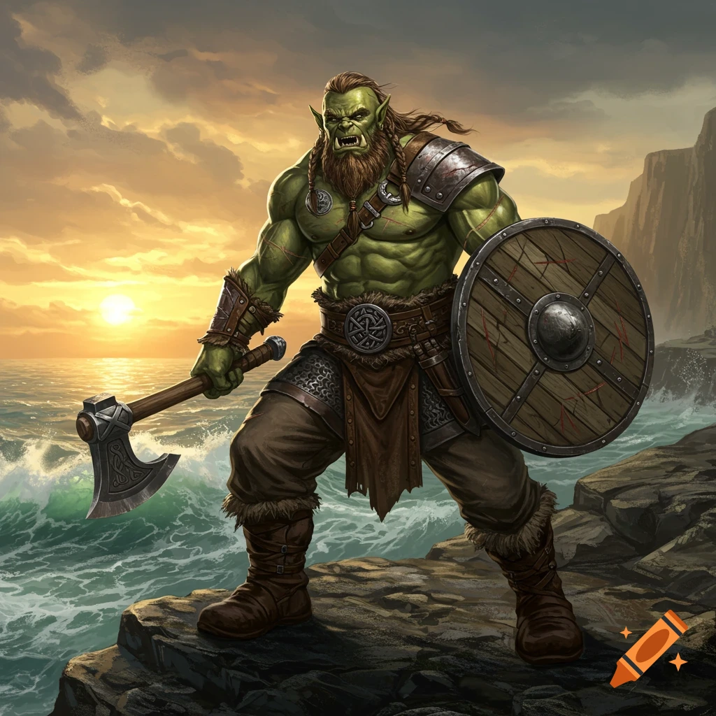 A muscular green orc viking warrior with an axe and shield stands on a rocky shore at sunset ...