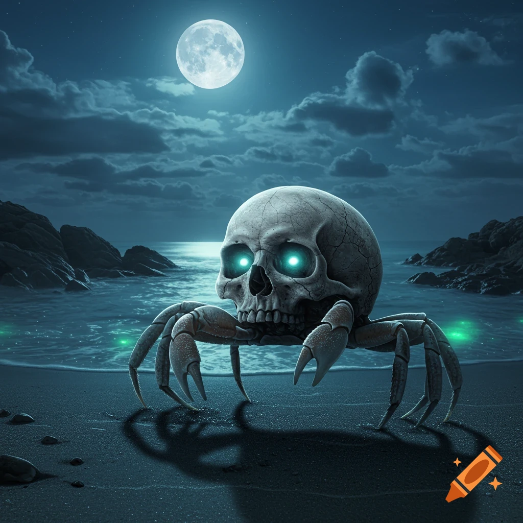 A giant, slimy red octopus-starfish creature stands on a low-tide beach ...