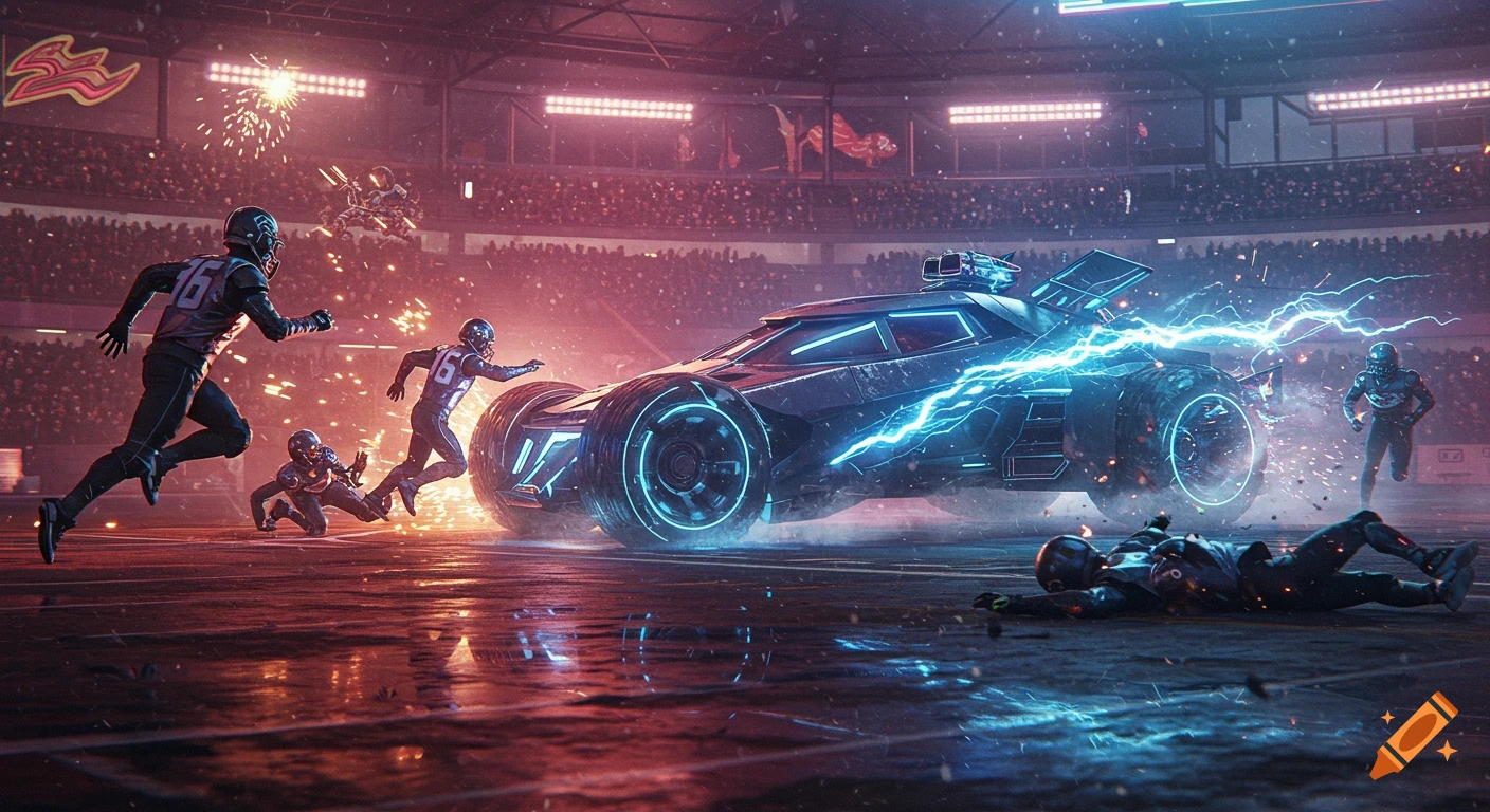 Four muscular men race weaponized karts on a track under crisscrossing ...