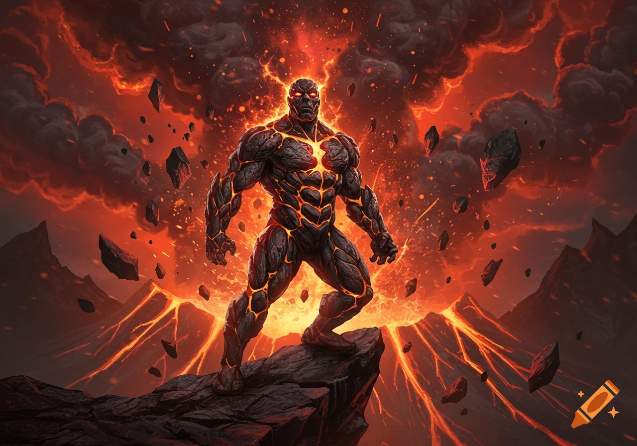 A muscular, skinless human figure stands in a volcanic landscape with ...