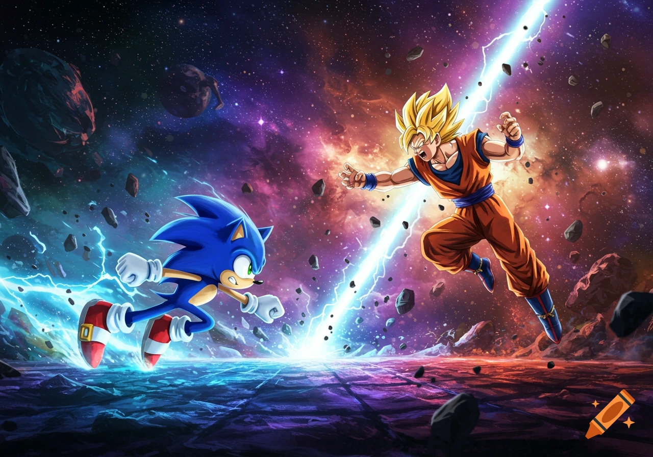 Sonic the Hedgehog and Super Saiyan Goku confront each other in a ...