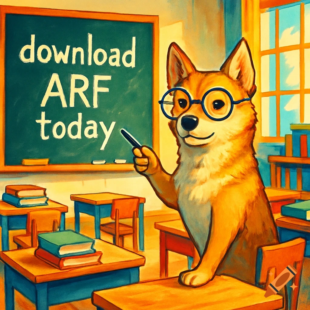 A cartoon dog teacher in glasses points at a chalkboard in a colorful ...